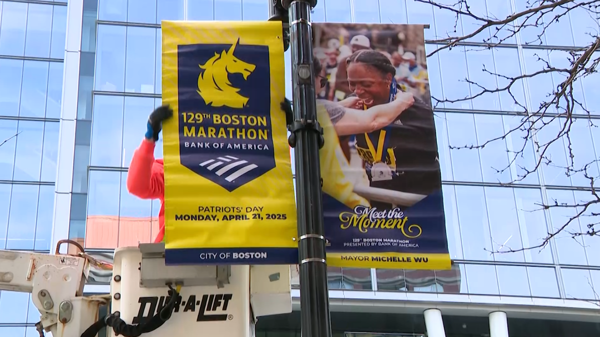 Boston Marathon banners put up along Boylston Street