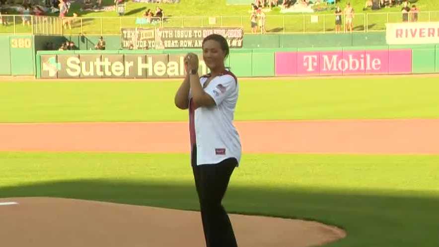 KCRA 3's Brandi Cummings throws out the first pitch at Sacramento River ...