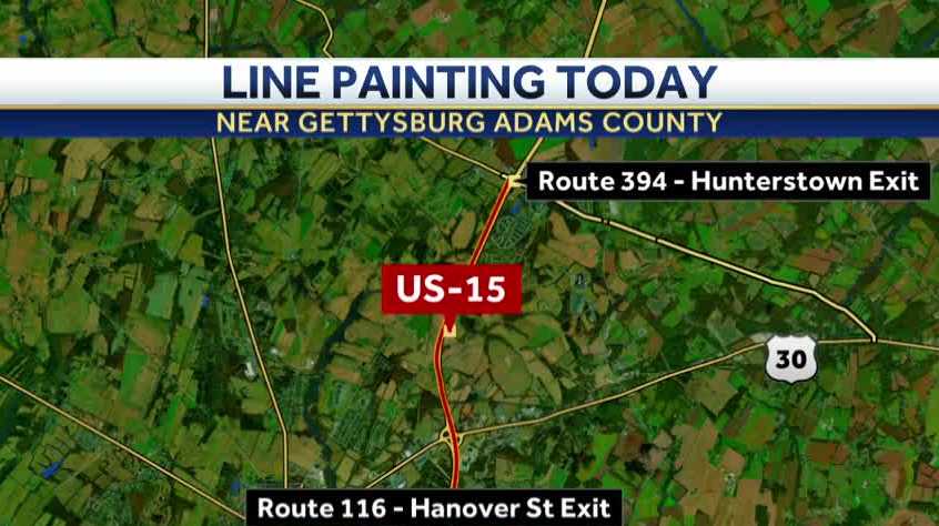 Lane closures in place for line painting on Route 15 in Adams County, Pa.
