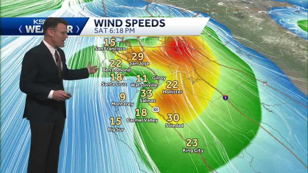 Windy conditions on the central coast, with gusts up to 65mph