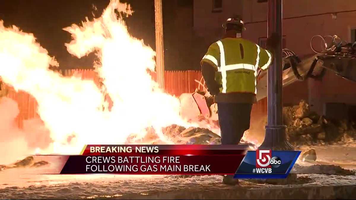 Crews battling fire following gas main break