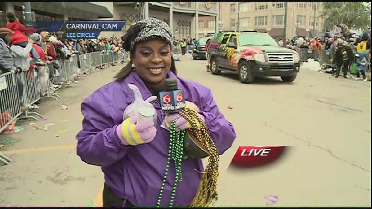 Back at Lee Circle with Gina Swanson celebrating Mardi Gras