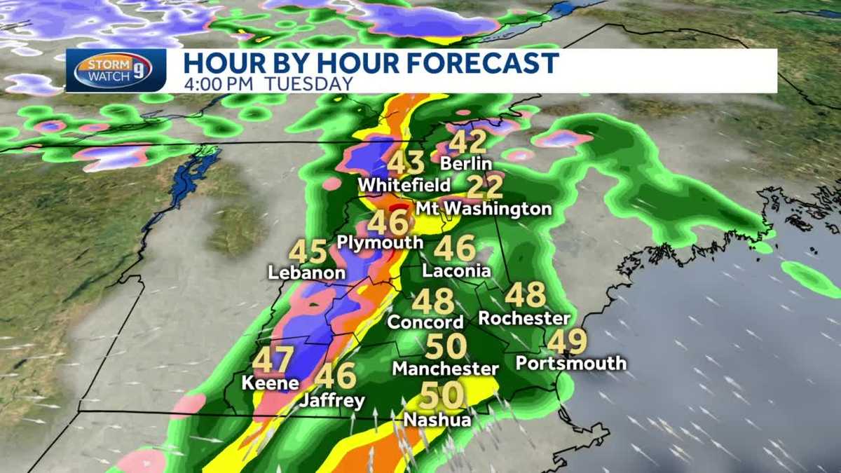 Sharp cold front pushing through NH Tuesday with heavy rain, gusty winds