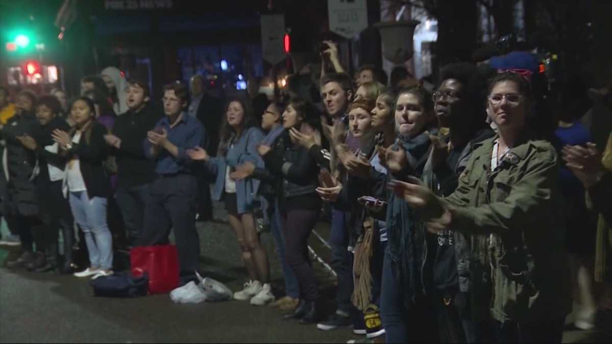Peaceful protest in Boston after Ferguson decision.