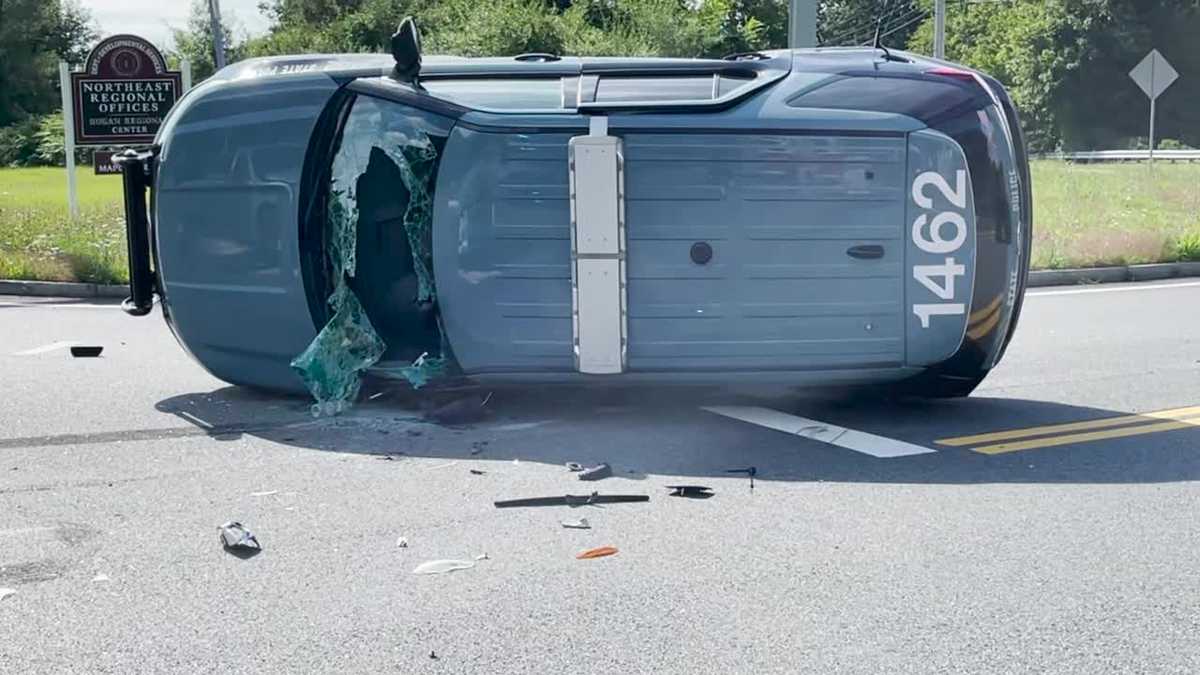 State police cruiser rolls onto side in Danvers crash; 3 injured