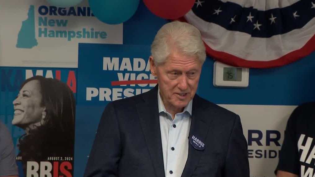 Former President Clinton talks to Harris campaign volunteers in NH