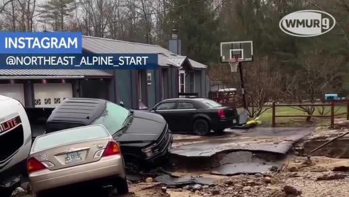 Video shows toppled cars, intense washout in Conway, NH driveway