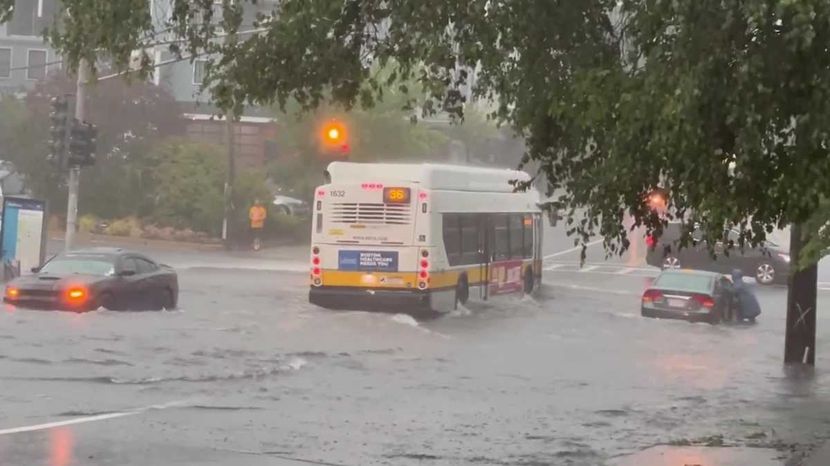 Torrential rain floods streets in Boston's West Roxbury neighborhood