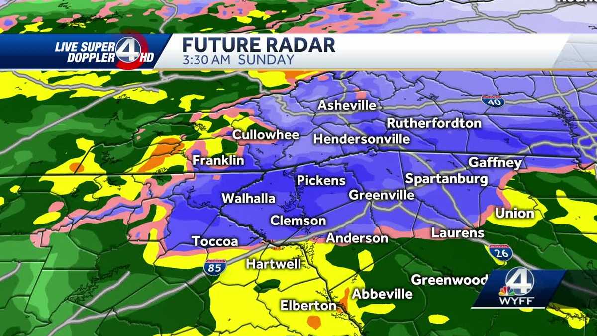 Futurecast radar shows snow moving through overnight into Sunday