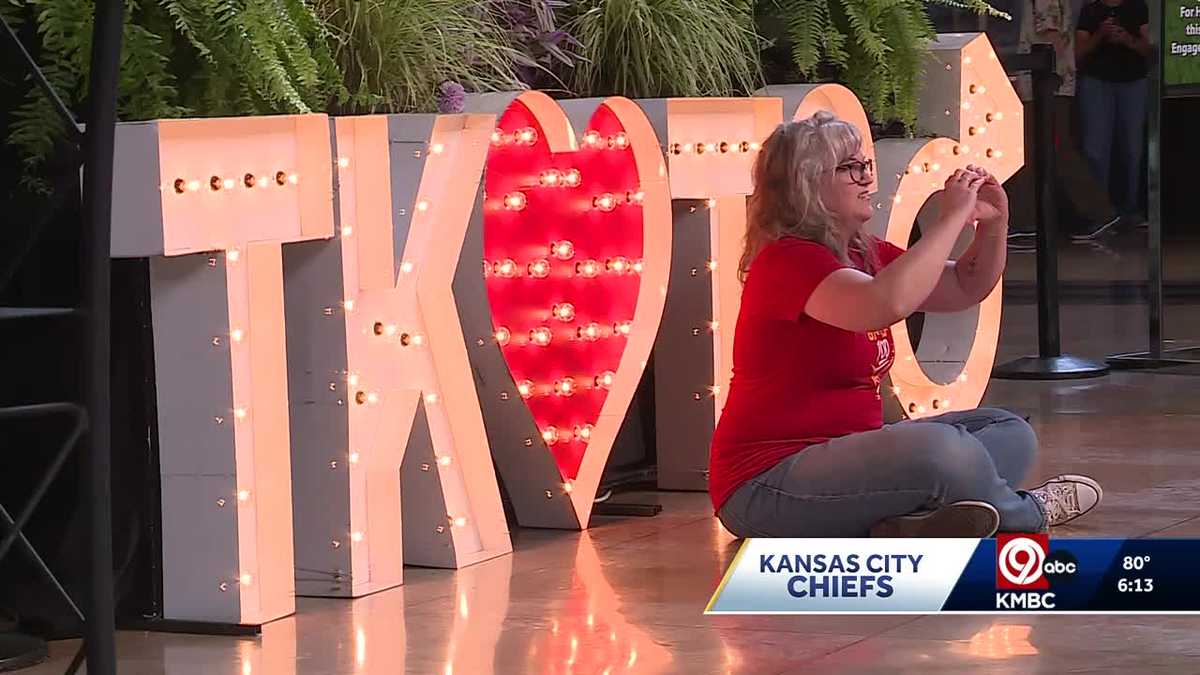 Union Station: Chiefs banners, Travis Kelce–Taylor Swift engagement display