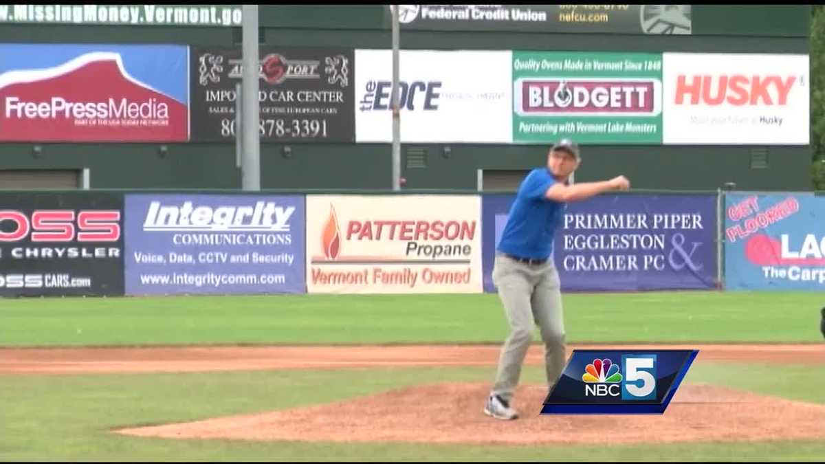 Tom Messner throws out the first pitch at a Lake Monsters game