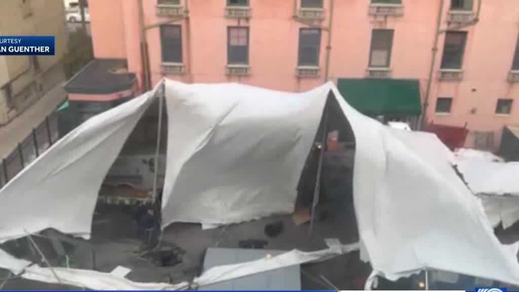 WATCH Strong winds rip through tent setup for St. Patrick's Day festivities