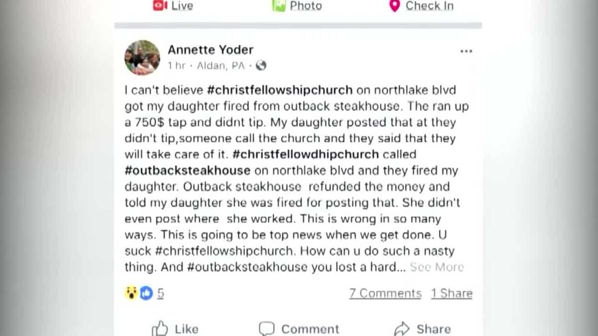 Frustrated server fired over social media post on skipped tip