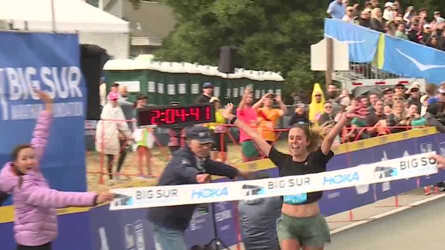 Peyton Bilo speaks after winning women's race for Big Sur Marathon