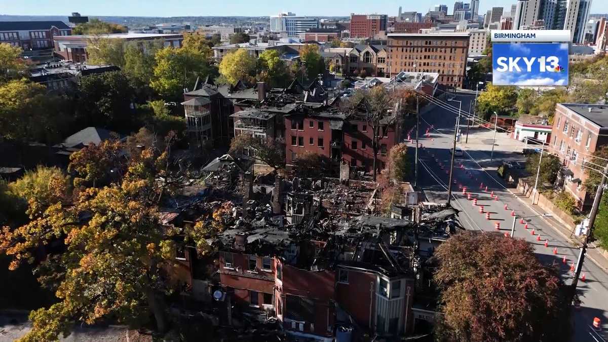 Drone video shows crews battling massive Alabama fire