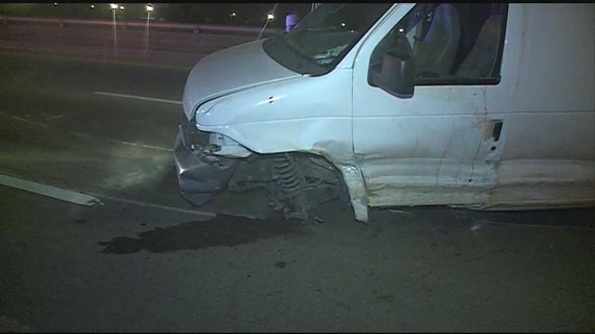 Van crashes; Driver, boy run