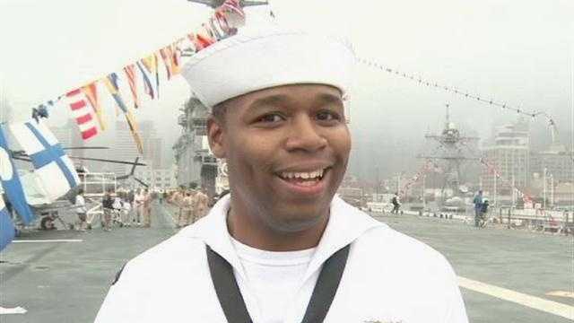 Navy Spc. Jay Stokes shouts out to Baltimore