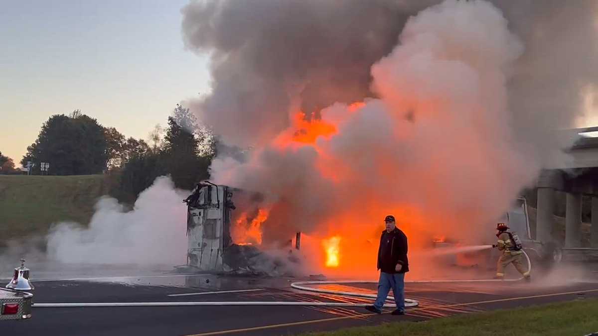 VIDEO: Burning tractor-trailer blocks lanes on I-85