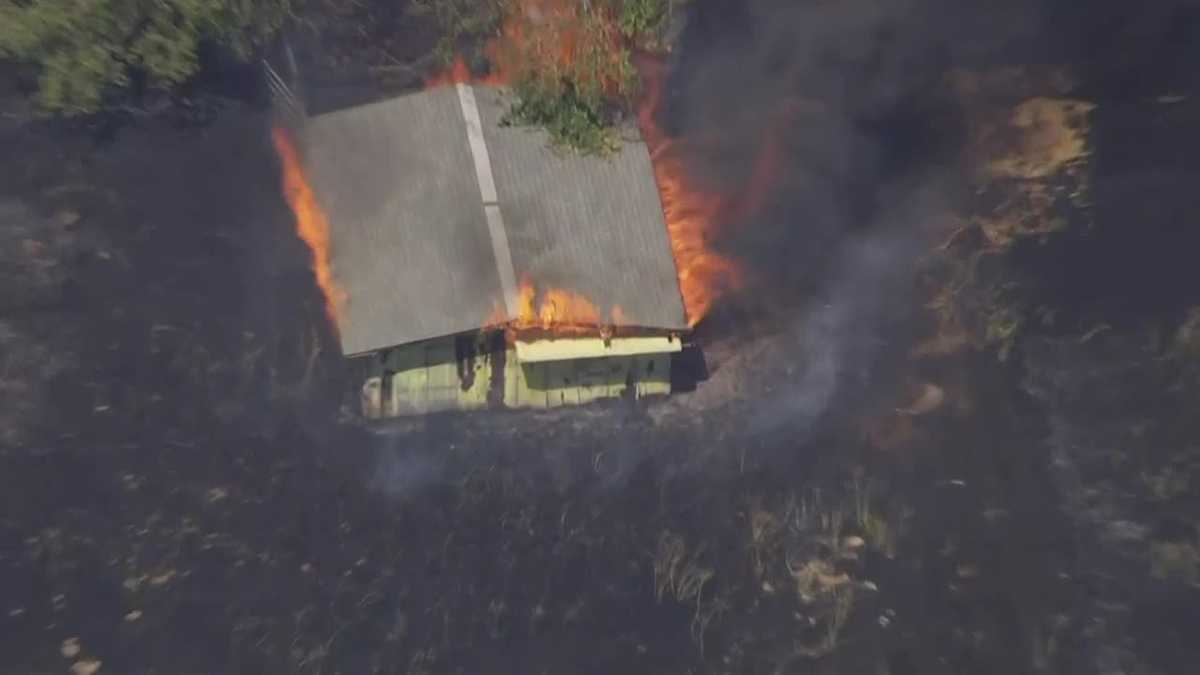 Aerial footage shows Walmort Fire burning structure in Wilton