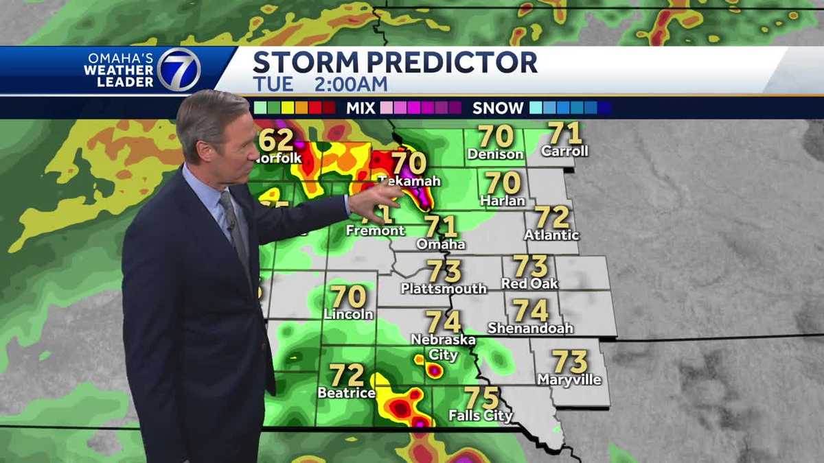 Overnight storms in the Omaha forecast, then a wet cooler Tuesday