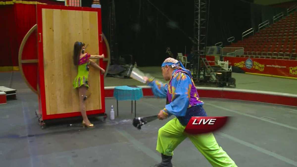 Knife thrower shows off for circus preview