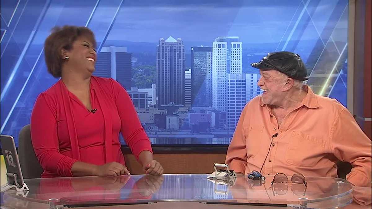 Comedian James Gregory in studio with Eunice Elliott