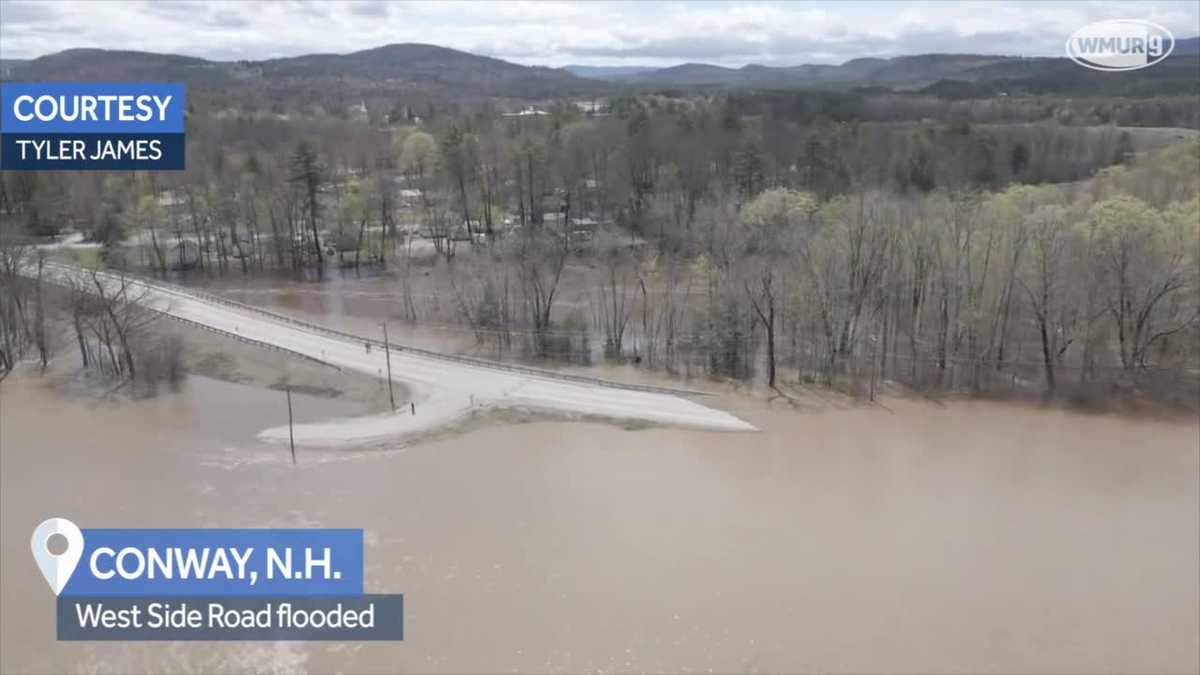 Aerial video shows flooded road in Conway, NH