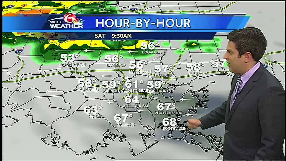 Saturday: Showers in the area; breezy and cloudy