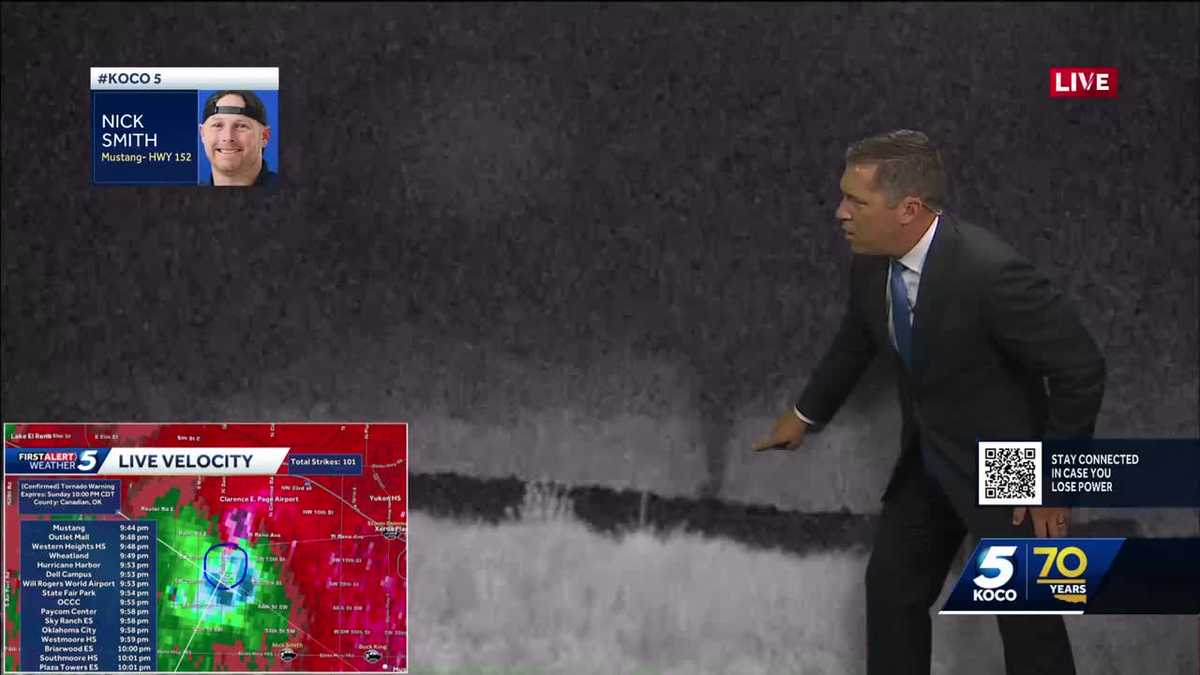 KOCO 5 Storm Chaser captures tornado on the ground near Mustang