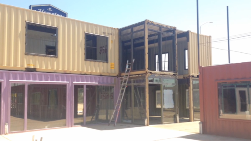 Shipping container plaza nears completion