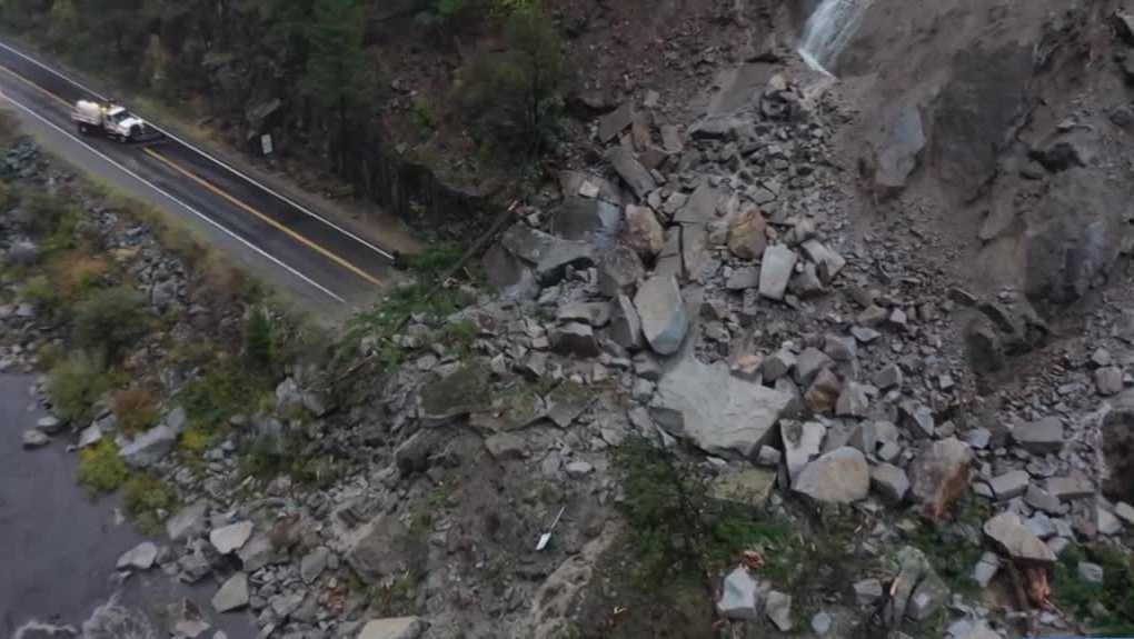 Drone video shows rockslide covering California highway