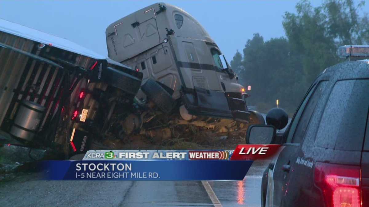 Big Rig Hydroplanes Crashes In Stockton