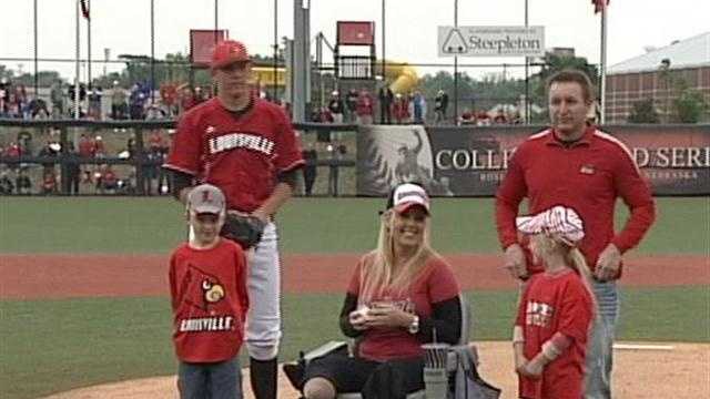 Hero mom throws first pitch at UofL-UK baseball game
