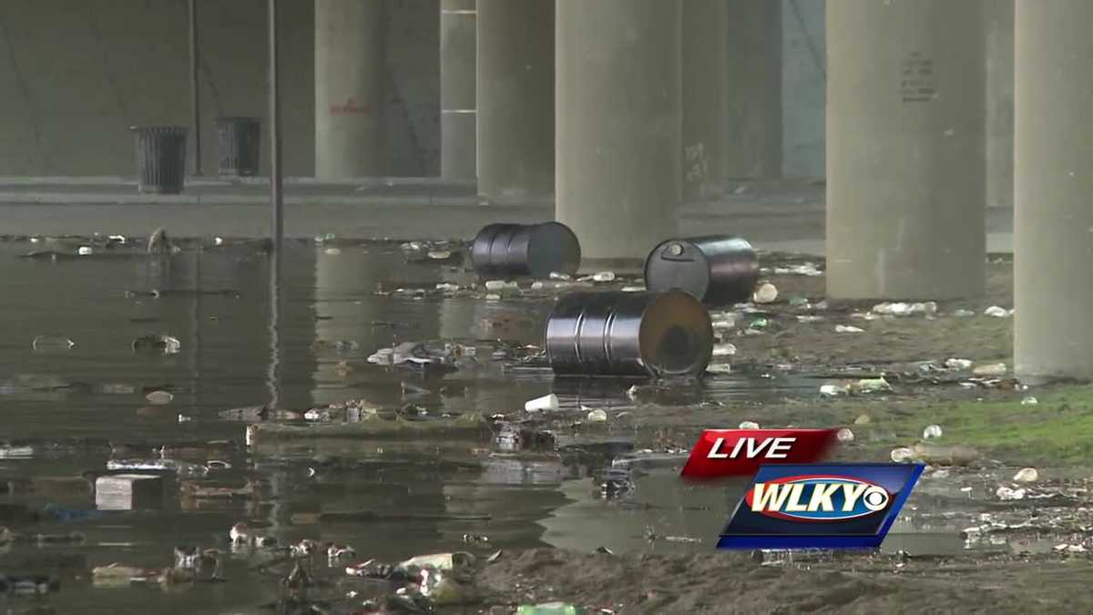 Debris washed up at Waterfront Park from the flood Ohio River