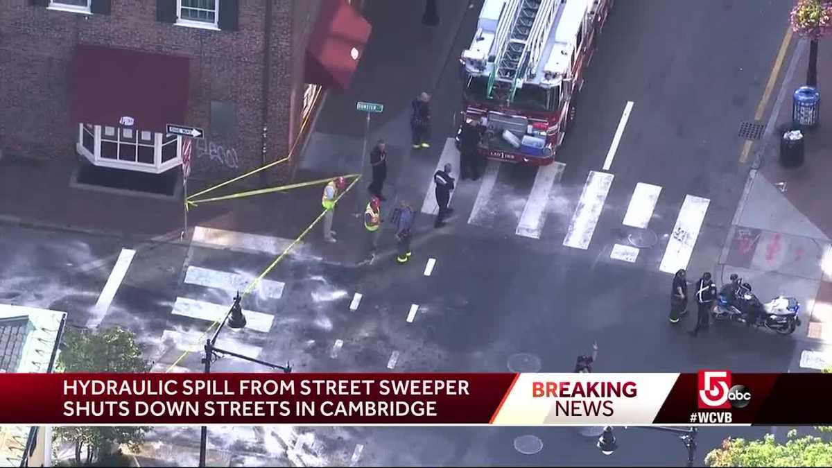 Fluid spill from street sweeper causes mess in Cambridge