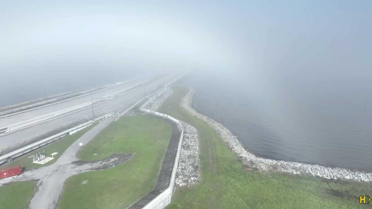 Drone footage shows dense fog over Causeway Bridge