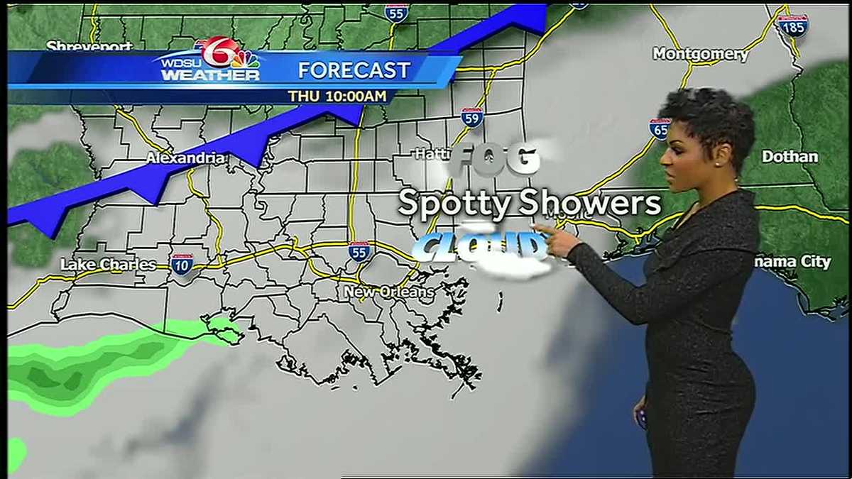 Thursday: Morning fog, spotty showers