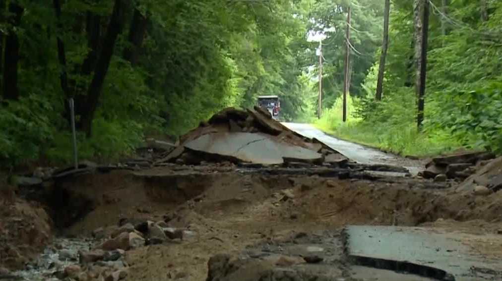 Alexandria, New Hampshire roads washed out by flooding