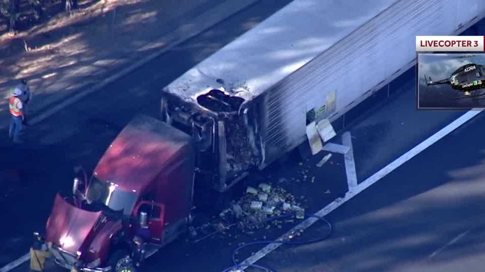 Big rig carrying mangoes catches fire on I-80 in Placer County