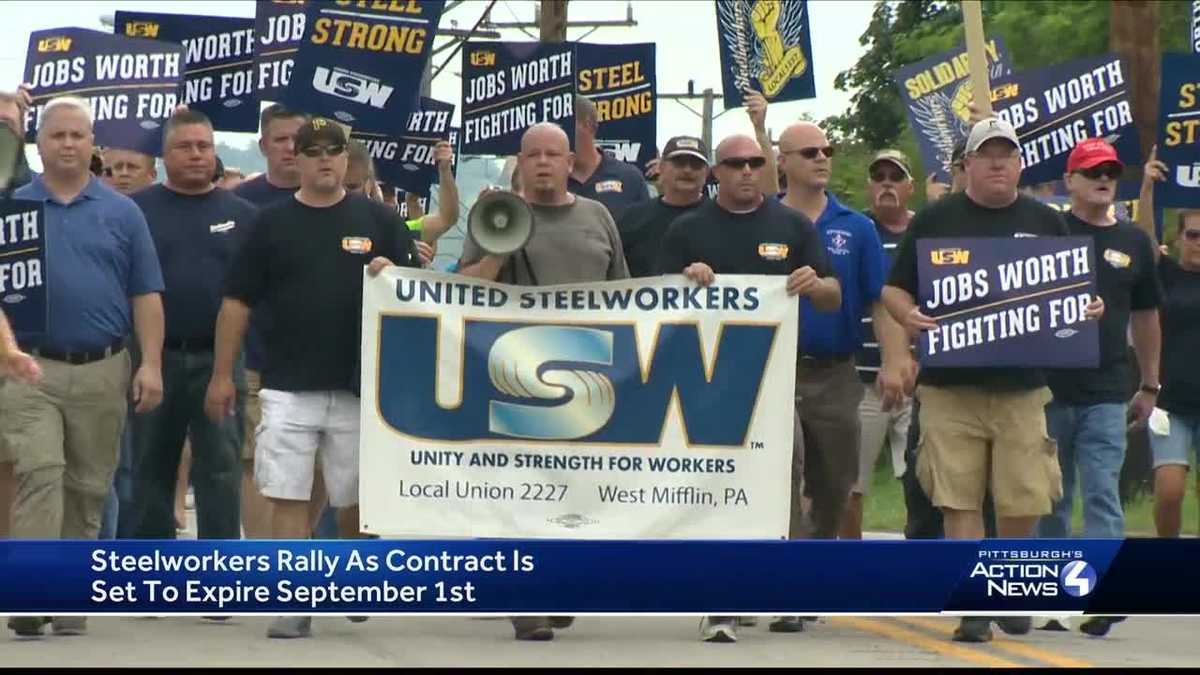 Steelworkers union members rally and march in Clairton, with US Steel ...