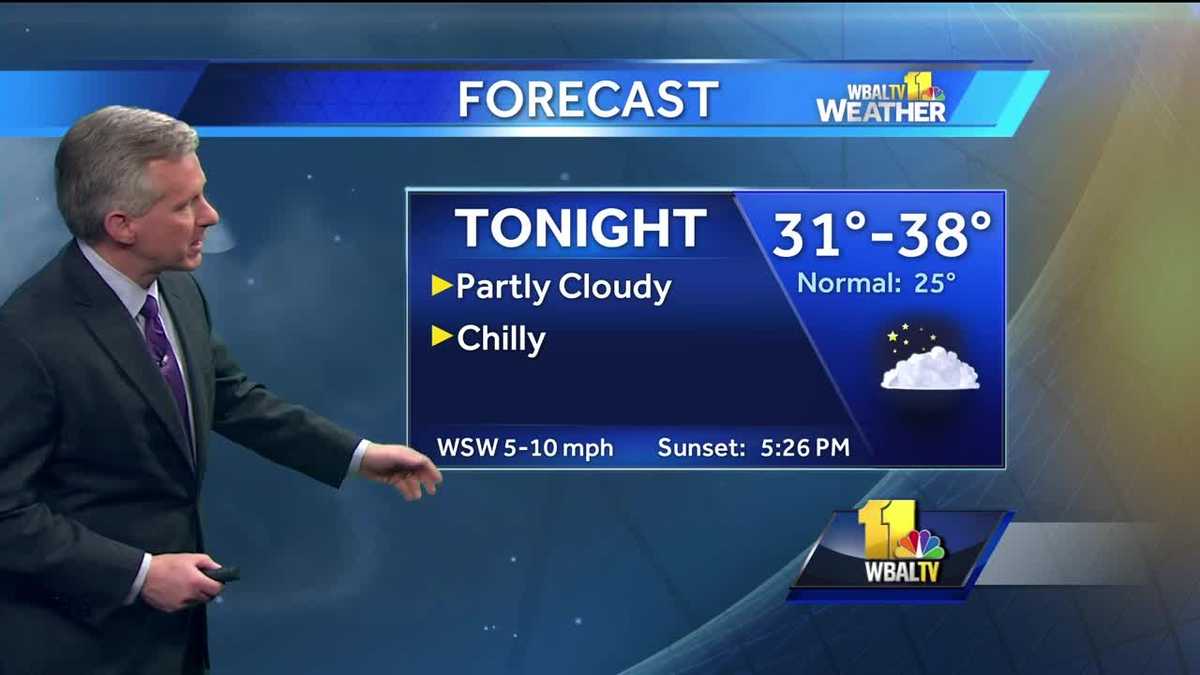 Partly cloudy, chilly Tuesday evening with temps in 30s