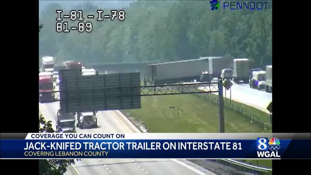 Interstate 81 median damaged by jackknifed tractor-trailer