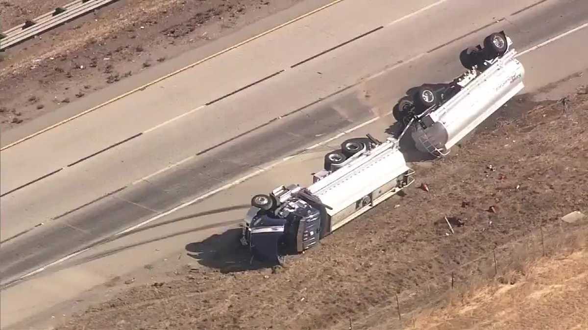 Overturned tanker truck shuts down lanes of highway 101 in San Martin