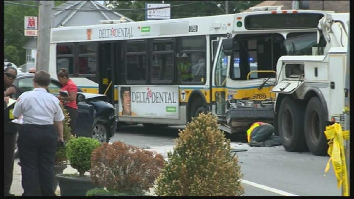 20 hurt in MBTA bus, car crash
