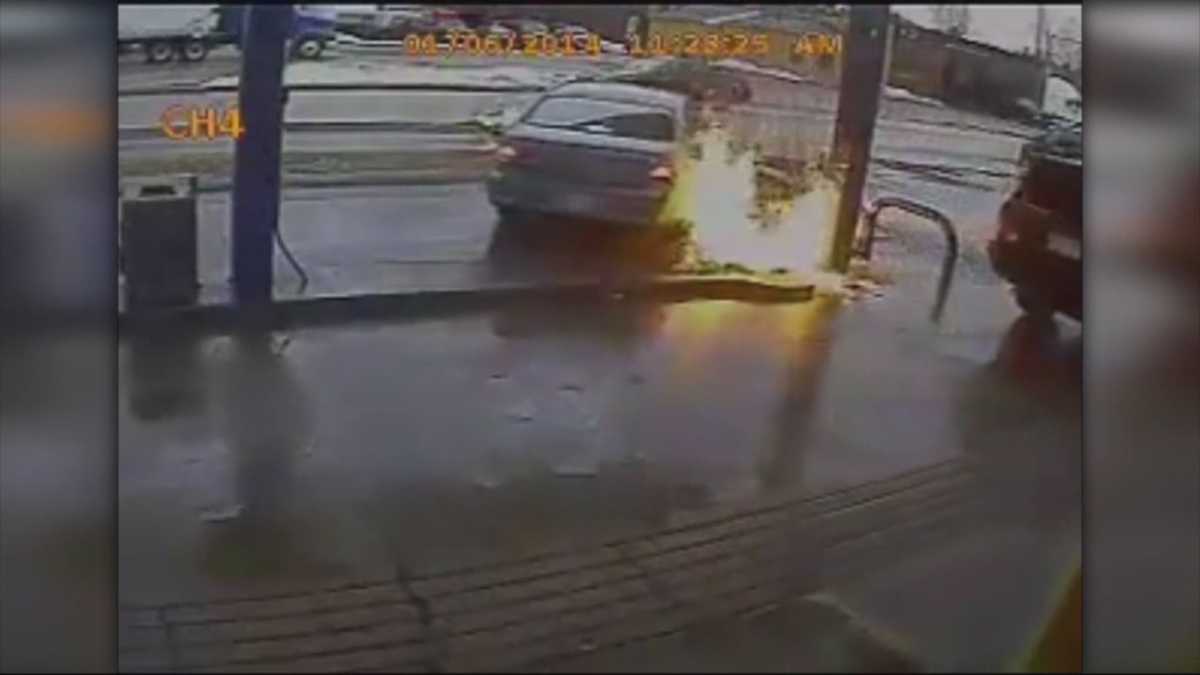 Driver hits gas pump igniting fire, injuring worker