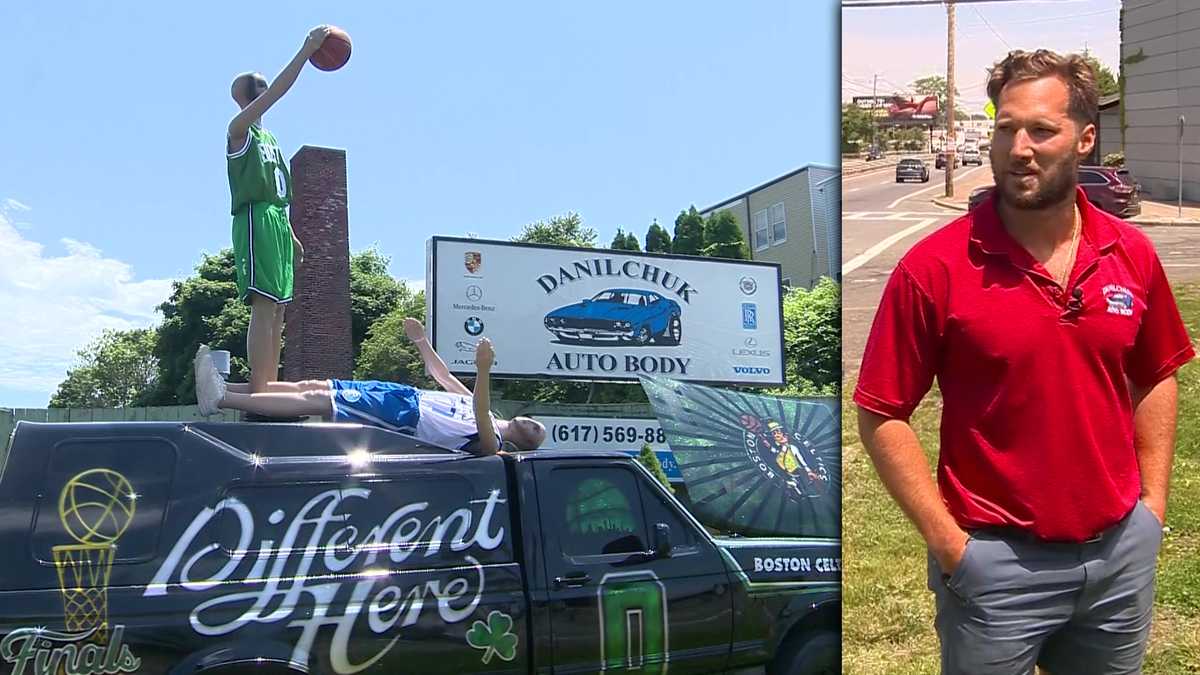 See the unique Celtics display at a Mass. auto body shop