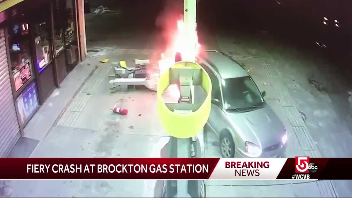 Car backs into gas pump, sparking fire