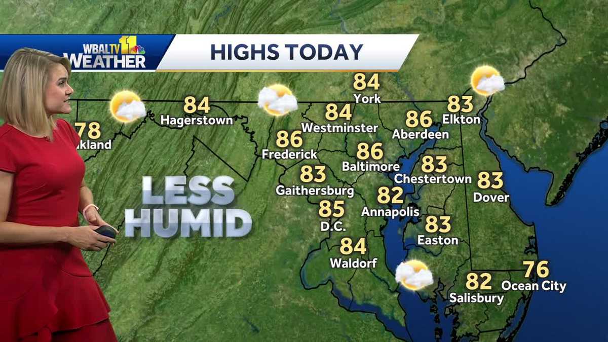 Warm but less humid Friday with temps in mid 80's