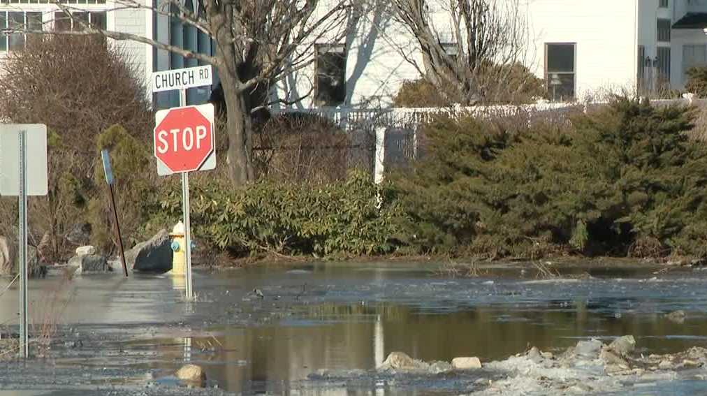 Road repairs underway after storm damage in Rye, New Hampshire.