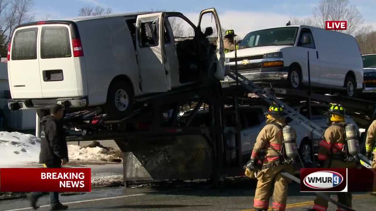 Vehicles in car carrier catch fire in Epping, New Hampshire